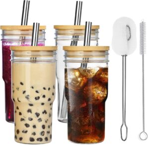 haundry 4 pack glass cups with lids and straws, 22 oz boba cups with bamboo lids, reusable drinking glasses set for smoothies, juice, bubble tea