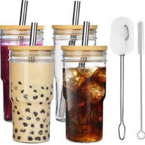 Haundry 4 Pack Glass Cups with Lids and Straws, 22 oz Boba Cups with Bamboo Lids, Reusable Drinking Glasses Set for Smoothies, Juice, Bubble Tea