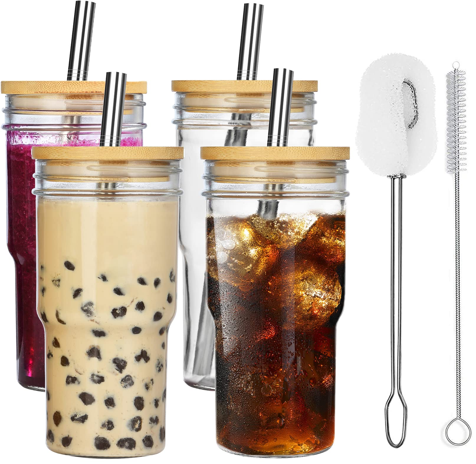 Haundry 4 Pack Glass Cups with Lids and Straws, 22 oz Boba Cups with Bamboo Lids, Reusable Drinking Glasses Set for Smoothies, Juice, Bubble Tea