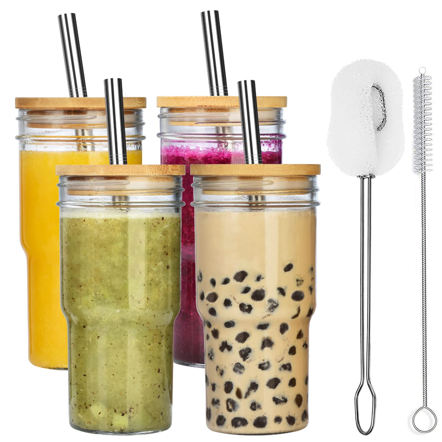 Haundry 4 Pack Glass Cups with Lids and Straws, 22 oz Boba Cups with Bamboo Lids, Reusable Drinking Glasses Set for Smoothies, Juice, Bubble Tea