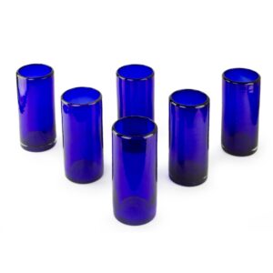 novica artisan crafted dark blue recycled glass hand blown drinking glasses, 13 oz. 'pure cobalt' (set of 6)