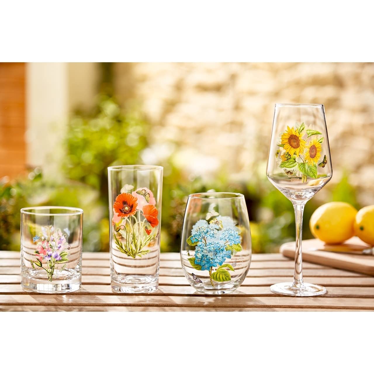 Portmeirion Botanic Garden Mixed Drinkware Set of 8 | Includes 4 Rock Glasses and 4 Highball Tumblers | 15 Ounces | Assorted Design | Drinking Glasses Ideal for Whiskey, Bourbon, or Juice