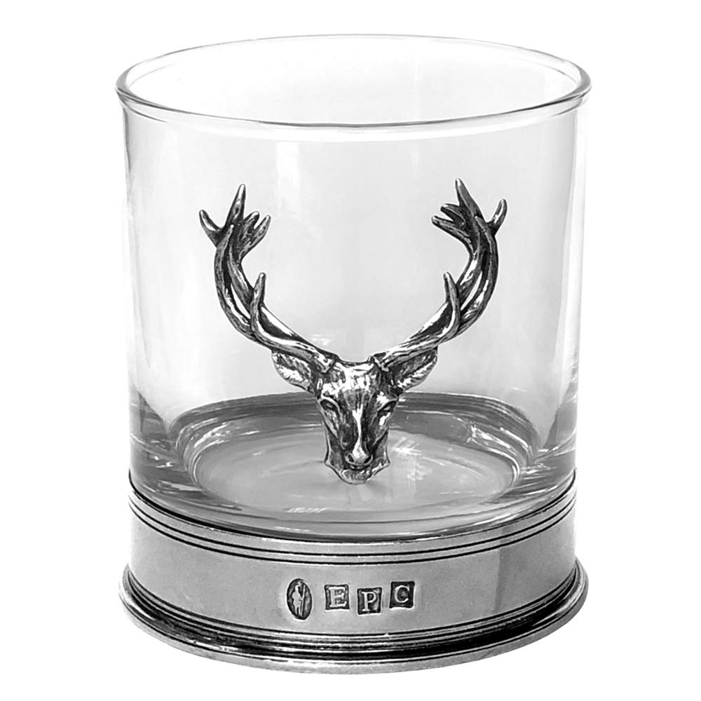 English Pewter Company 11oz Old Fashioned Whisky Rocks Glass With Stag Deer Head Antler and Pewter Base [STAG104]