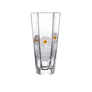 caalio drinking glass highball glass cups daisy flower, hexagonal cup diamond shaped cocktail, beer, water, wine, juice, tea, 11oz