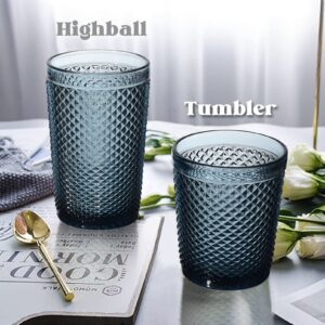 One Stop Outdoor (4-Pack) 9.5 oz Romantic Glass, Thick Heavy Premium Drinking Glasses, Vintage Hobnail Tumblers - Glassware Set for Juice, Beverages, Beer, Cocktail (Dark Blue, 4 Pack Highball)