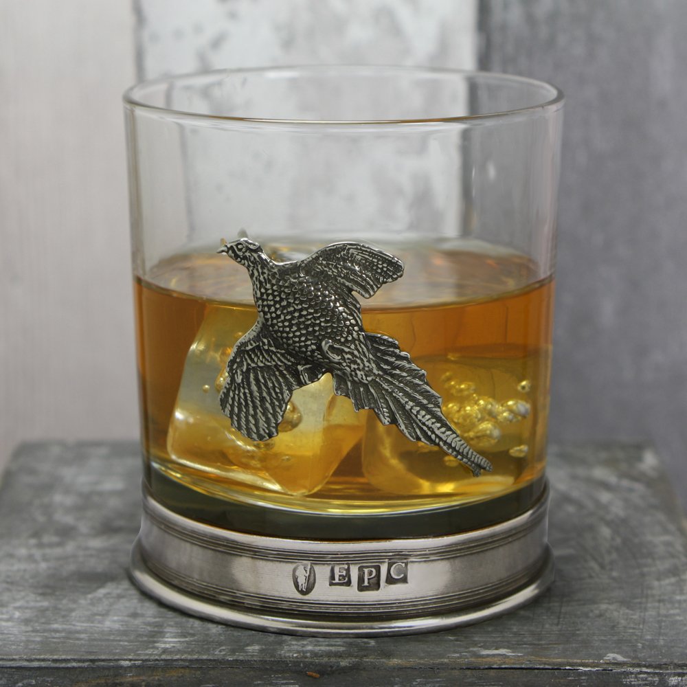 English Pewter Company 11oz Old Fashioned Whisky Rocks Glass with Pewter Base and Pheasant Motif [PHS104]