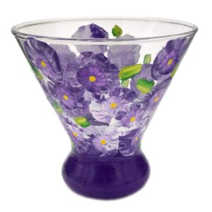 Purple Flower Hand Painted Martini Glass - Sparkly Purple, Pretty Flowers Stemless Cocktail Glass