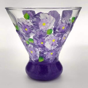 Purple Flower Hand Painted Martini Glass - Sparkly Purple, Pretty Flowers Stemless Cocktail Glass