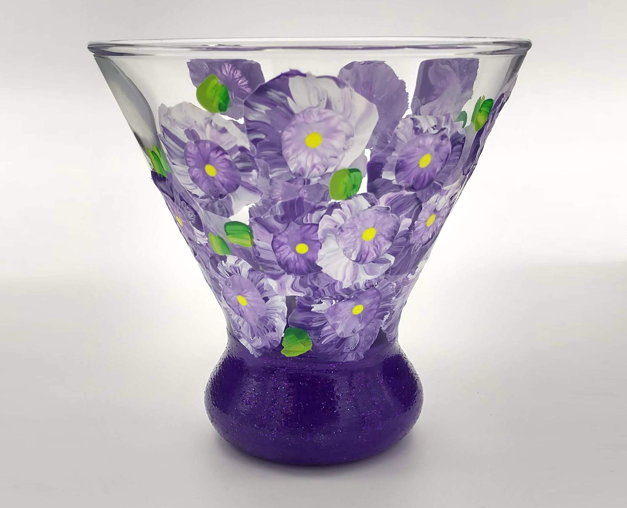 Purple Flower Hand Painted Martini Glass - Sparkly Purple, Pretty Flowers Stemless Cocktail Glass