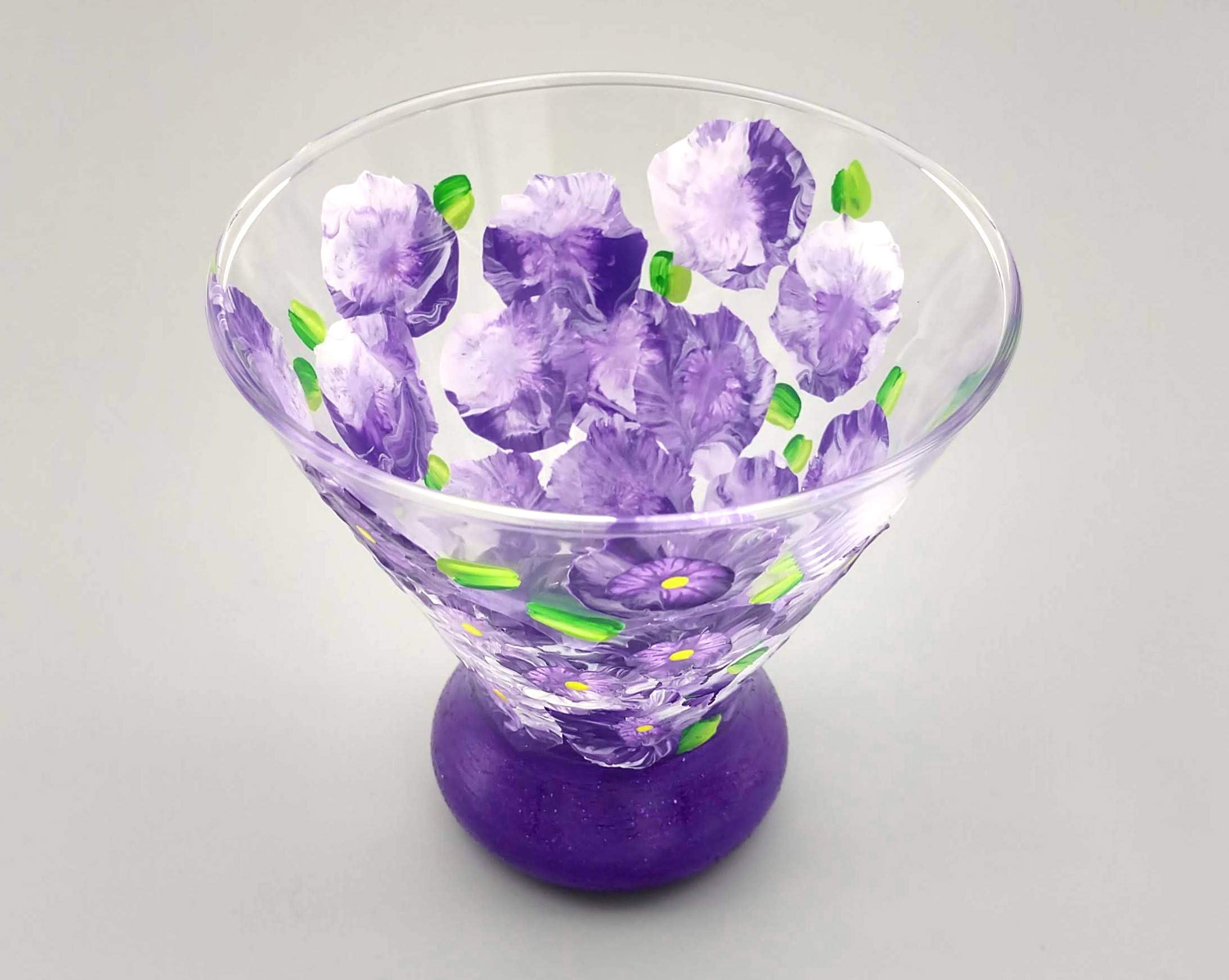 Purple Flower Hand Painted Martini Glass - Sparkly Purple, Pretty Flowers Stemless Cocktail Glass