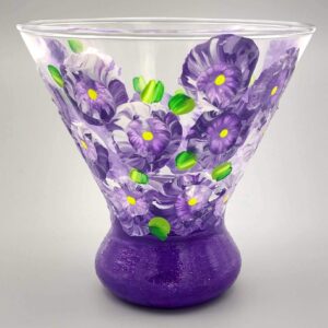 Purple Flower Hand Painted Martini Glass - Sparkly Purple, Pretty Flowers Stemless Cocktail Glass