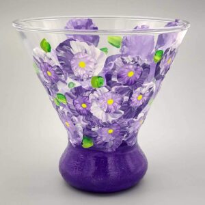 Purple Flower Hand Painted Martini Glass - Sparkly Purple, Pretty Flowers Stemless Cocktail Glass