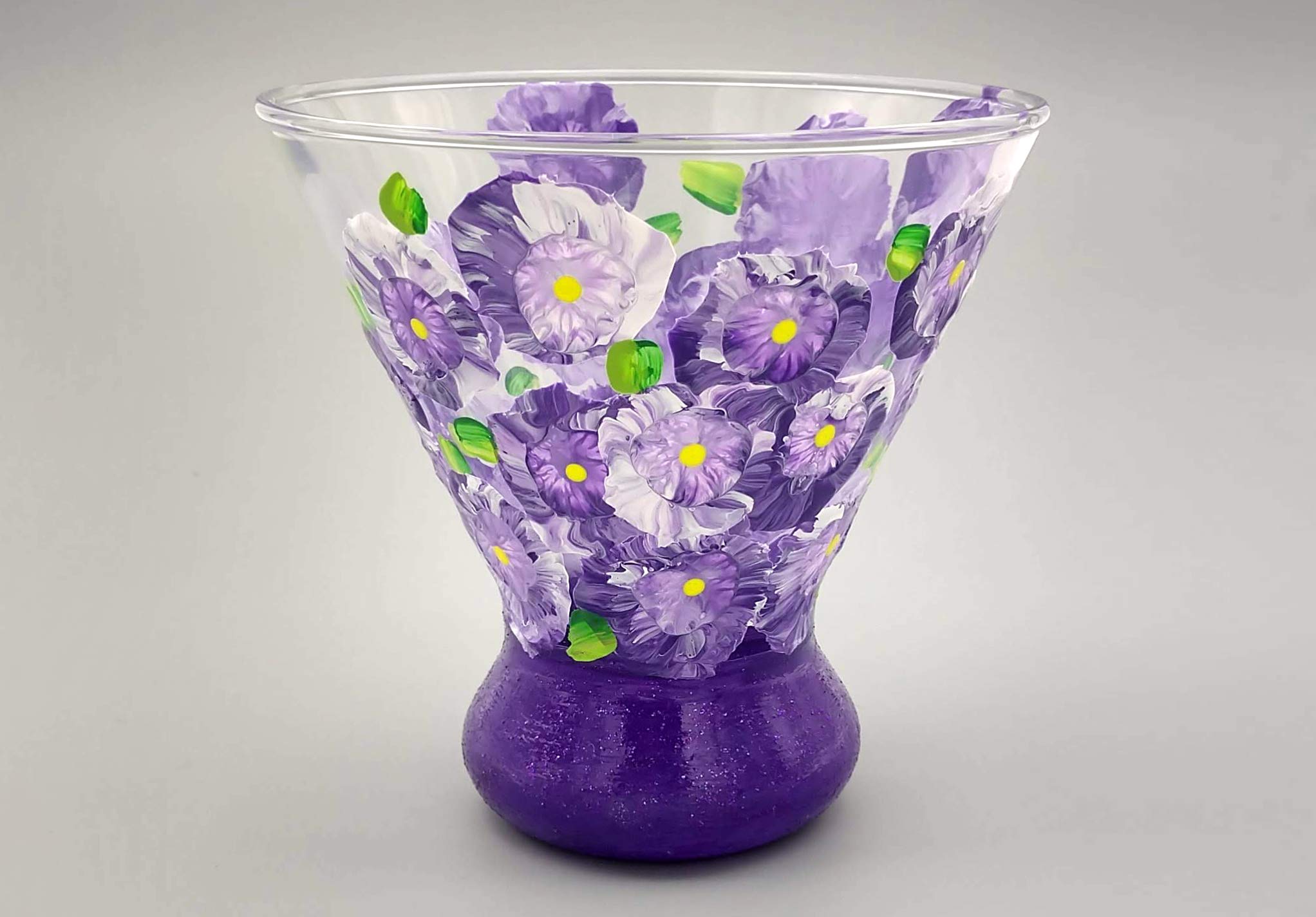 Purple Flower Hand Painted Martini Glass - Sparkly Purple, Pretty Flowers Stemless Cocktail Glass