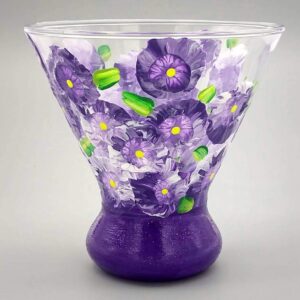 Purple Flower Hand Painted Martini Glass - Sparkly Purple, Pretty Flowers Stemless Cocktail Glass