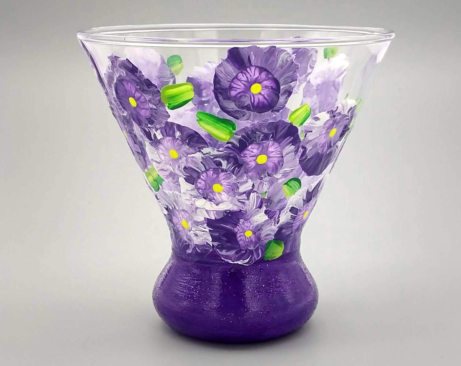 Purple Flower Hand Painted Martini Glass - Sparkly Purple, Pretty Flowers Stemless Cocktail Glass