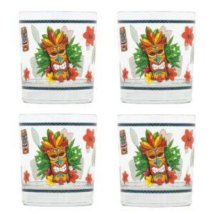 tiki cocktail glasses set of 4-10.5 ounce rocks drinking cups | exotic hawaiian luau party barware