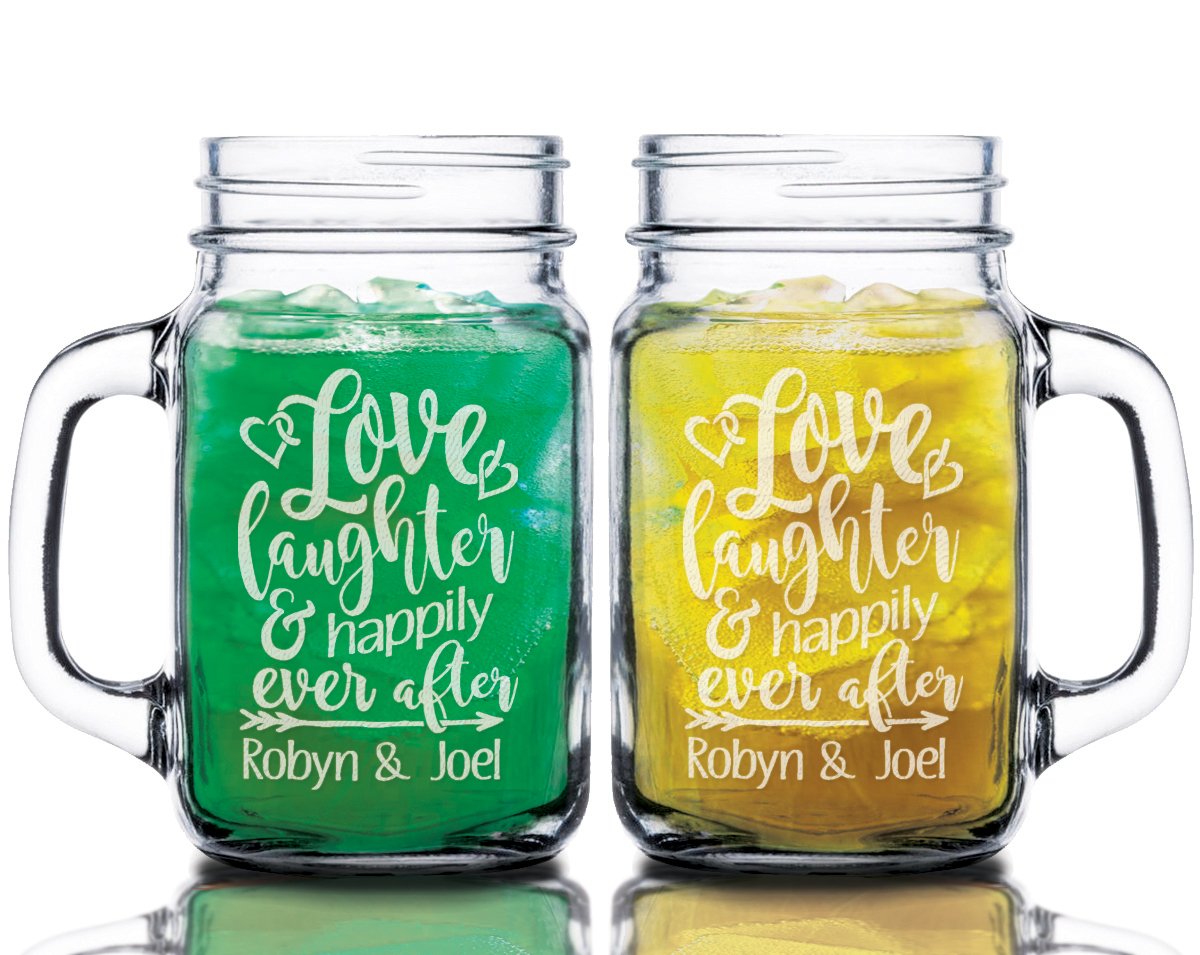 Love Laughter Happily Ever After Custom Set of 2 Custom Mason Jars Man Wife Anniversary Just Married Engaged Couples Mugs Personalized Bride Groom Wedding Favor