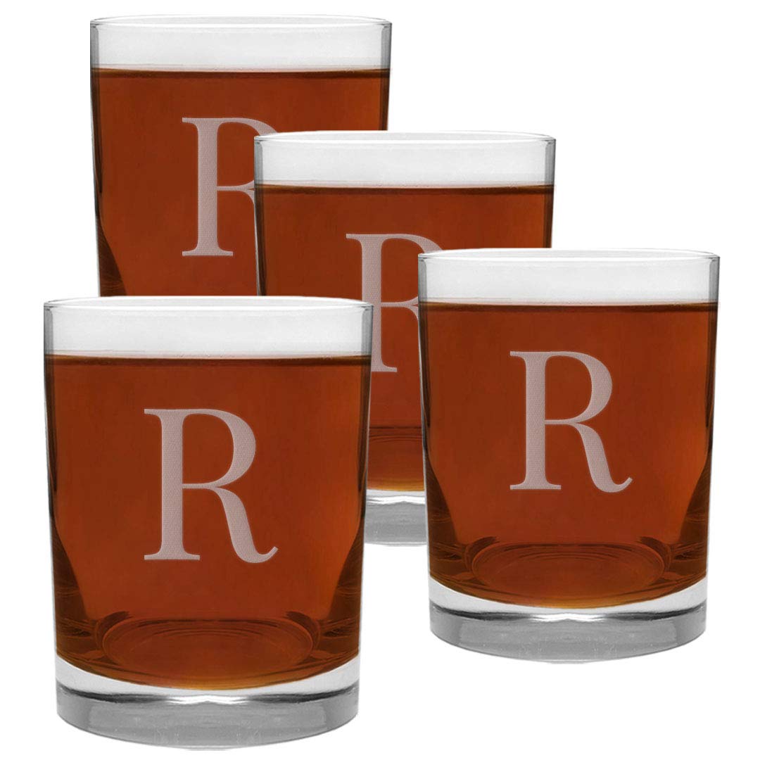 4 Piece Glass Set Engraved with R-Letter Monogram, 13.5-Ounce