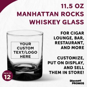 Custom Manhattan Rocks Whiskey Glass 11.5 oz. Set of 12, Personalized Bulk Pack - Perfect for Scotch, Bourbon, Whiskey, Cocktail - Black