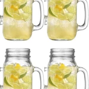 Mason Glass Drinking Mugs w Handle & Tin Lids (set of 4) Gift Idea With Embossed Established Date Logo,For Coffee,Juice, Punch, Dessert, Small Cakes, or Any Beverage 16oz. Comes Perfectly Boxed