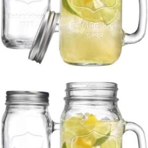 Mason Glass Drinking Mugs w Handle & Tin Lids (set of 4) Gift Idea With Embossed Established Date Logo,For Coffee,Juice, Punch, Dessert, Small Cakes, or Any Beverage 16oz. Comes Perfectly Boxed