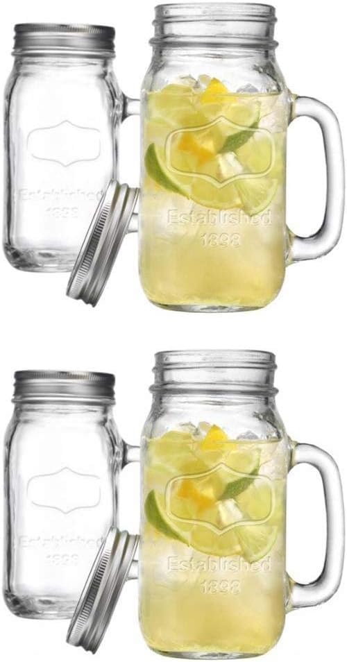 Mason Glass Drinking Mugs w Handle & Tin Lids (set of 4) Gift Idea With Embossed Established Date Logo,For Coffee,Juice, Punch, Dessert, Small Cakes, or Any Beverage 16oz. Comes Perfectly Boxed