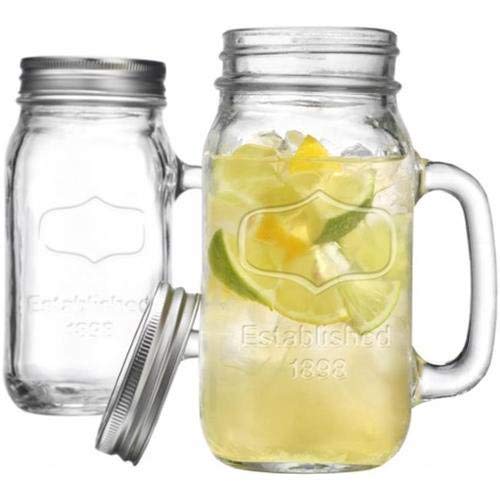 Mason Glass Drinking Mugs w Handle & Tin Lids (set of 4) Gift Idea With Embossed Established Date Logo,For Coffee,Juice, Punch, Dessert, Small Cakes, or Any Beverage 16oz. Comes Perfectly Boxed