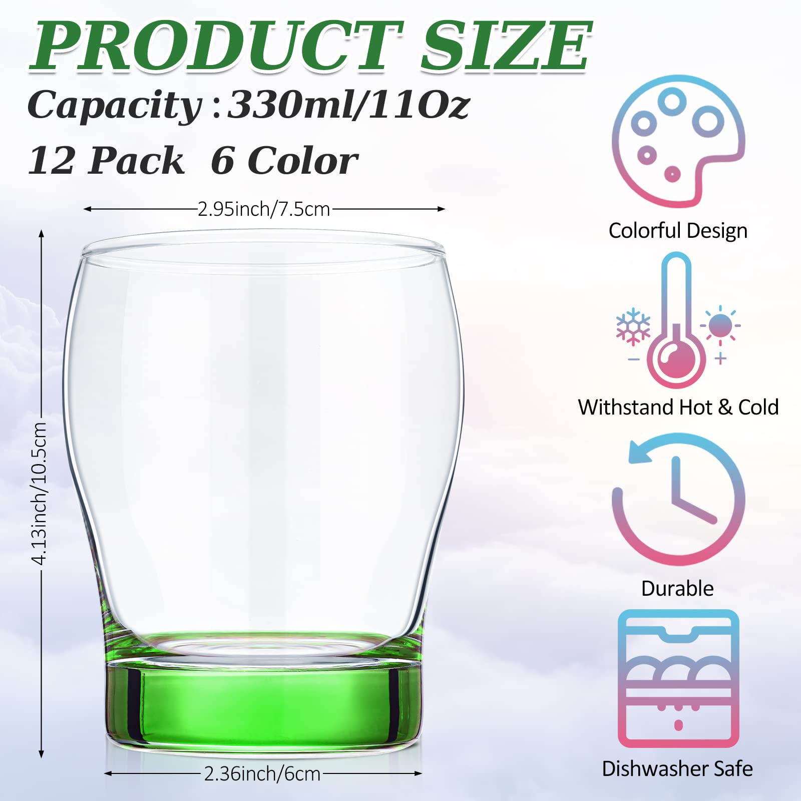 Set of 12 Colorful Drinking Glasses 11 oz Colored Glass Cups with Heavy Weighted Base Multi Colored Cocktail Glasses Stemless Wine Glass Tumbler for Beer Water Whiskey Iced Coffee Juice Smoothie