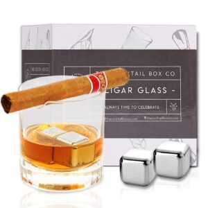 The Cocktail Box Co Cigar Whiskey Glass with Cigar Holder, Whiskey Cigar Glass Holder Set with 2 Whiskey Stones, Old Fashioned Cigar Cup Holder, Premium Bourbon Glass Cigar Holder, Gifts for Men