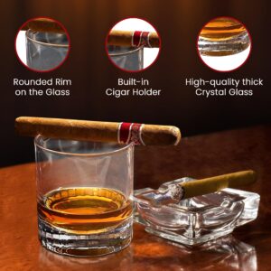 The Cocktail Box Co Cigar Whiskey Glass with Cigar Holder, Whiskey Cigar Glass Holder Set with 2 Whiskey Stones, Old Fashioned Cigar Cup Holder, Premium Bourbon Glass Cigar Holder, Gifts for Men