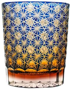 jiaci edo kiriko style hand carved drinking glass crystal whisky glass 270ml tumbler for whiskey-cocktail-vodka-beer drinkingware glasses crystal whiskey with gift box (amber blue)