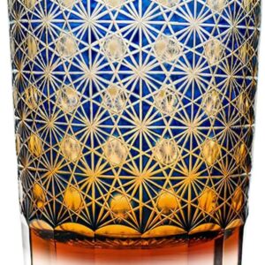 JIACI Edo Kiriko style Hand Carved Drinking Glass Crystal Whisky Glass 270ml Tumbler For Whiskey-Cocktail-Vodka-Beer Drinkingware Glasses Crystal Whiskey With Gift Box (Amber Blue)