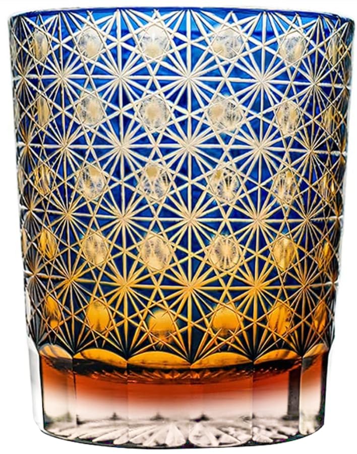 JIACI Edo Kiriko style Hand Carved Drinking Glass Crystal Whisky Glass 270ml Tumbler For Whiskey-Cocktail-Vodka-Beer Drinkingware Glasses Crystal Whiskey With Gift Box (Amber Blue)