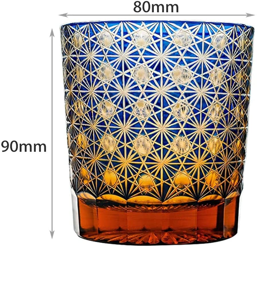 JIACI Edo Kiriko style Hand Carved Drinking Glass Crystal Whisky Glass 270ml Tumbler For Whiskey-Cocktail-Vodka-Beer Drinkingware Glasses Crystal Whiskey With Gift Box (Amber Blue)