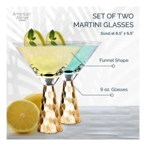 American Atelier Daphne Martini Glasses | Set of 2 | Hammered Metal Design | 9-Ounce Capacity | Elegant Cocktail Barware for Martini or Cosmopolitan (Gold)