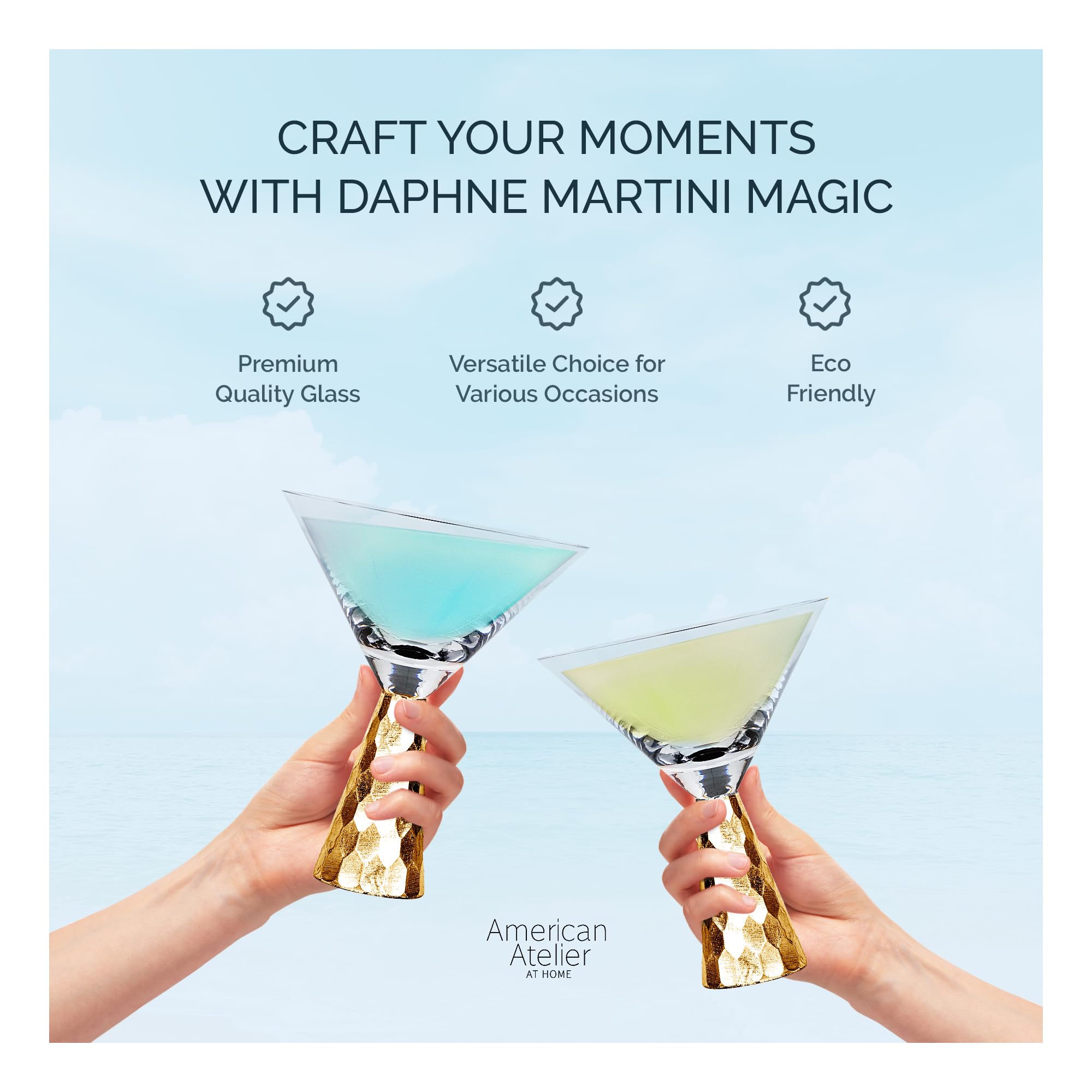 American Atelier Daphne Martini Glasses | Set of 2 | Hammered Metal Design | 9-Ounce Capacity | Elegant Cocktail Barware for Martini or Cosmopolitan (Gold)