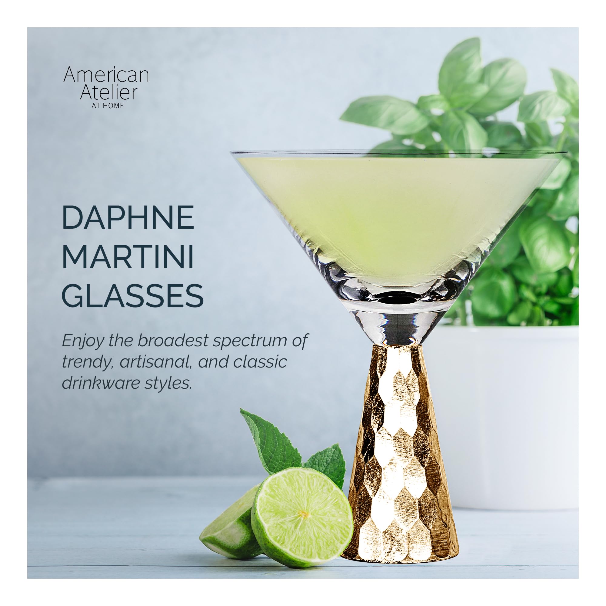 American Atelier Daphne Martini Glasses | Set of 2 | Hammered Metal Design | 9-Ounce Capacity | Elegant Cocktail Barware for Martini or Cosmopolitan (Gold)