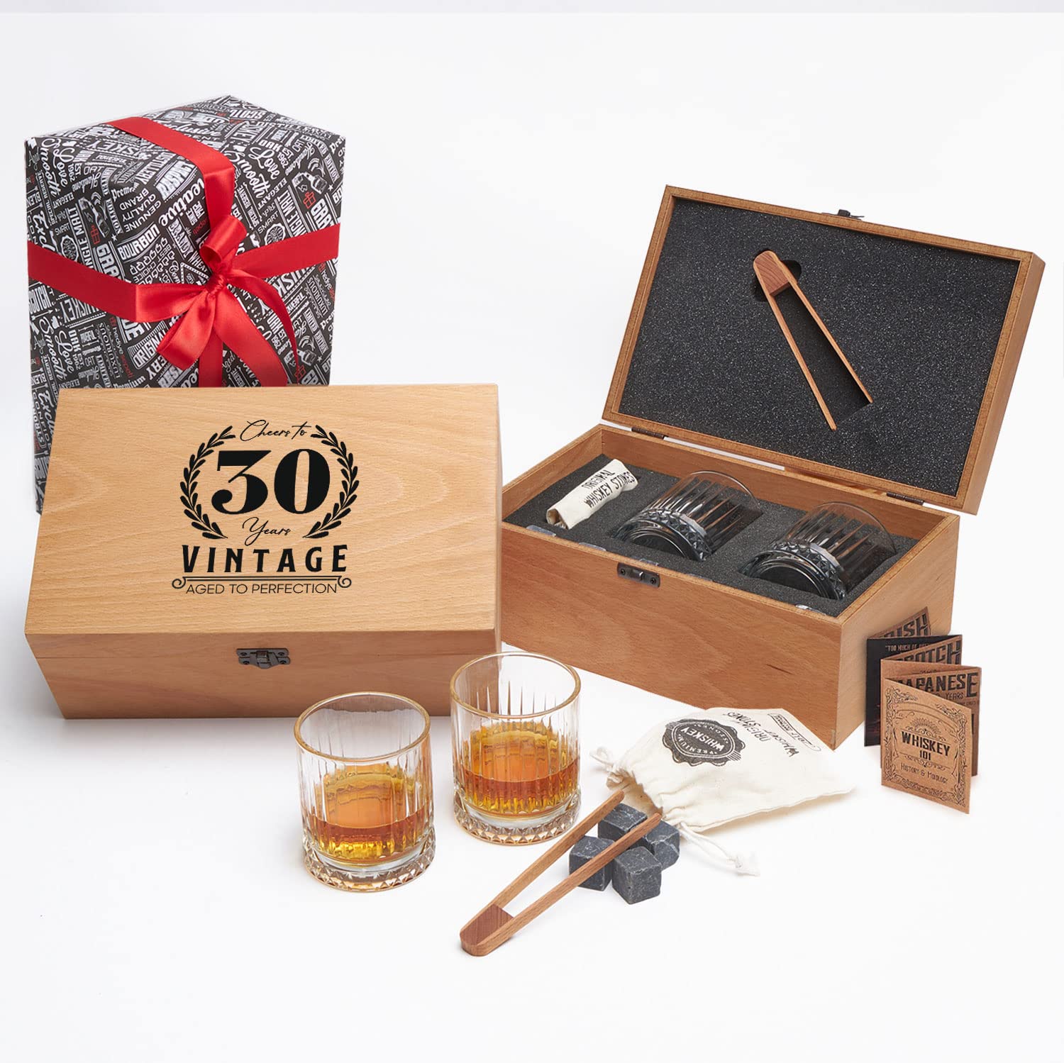 Hediye Sepeti Whiskey Glasses and Stones Gift Set, Handmade Wooden Box 2 Whisky Glasses Whiskey Stones Bourbon Gifts for Whiskey Lovers, Whiskey Accessories Gift Set, 2 Glasses (30th)