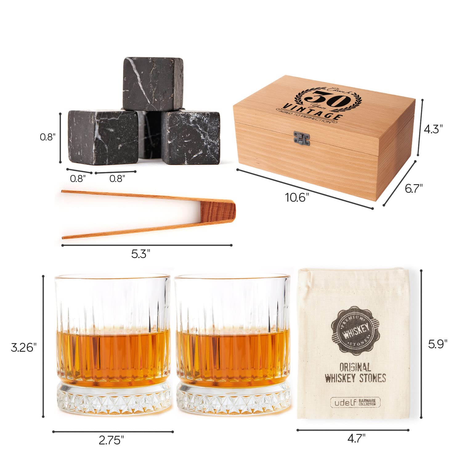 Hediye Sepeti Whiskey Glasses and Stones Gift Set, Handmade Wooden Box 2 Whisky Glasses Whiskey Stones Bourbon Gifts for Whiskey Lovers, Whiskey Accessories Gift Set, 2 Glasses (30th)