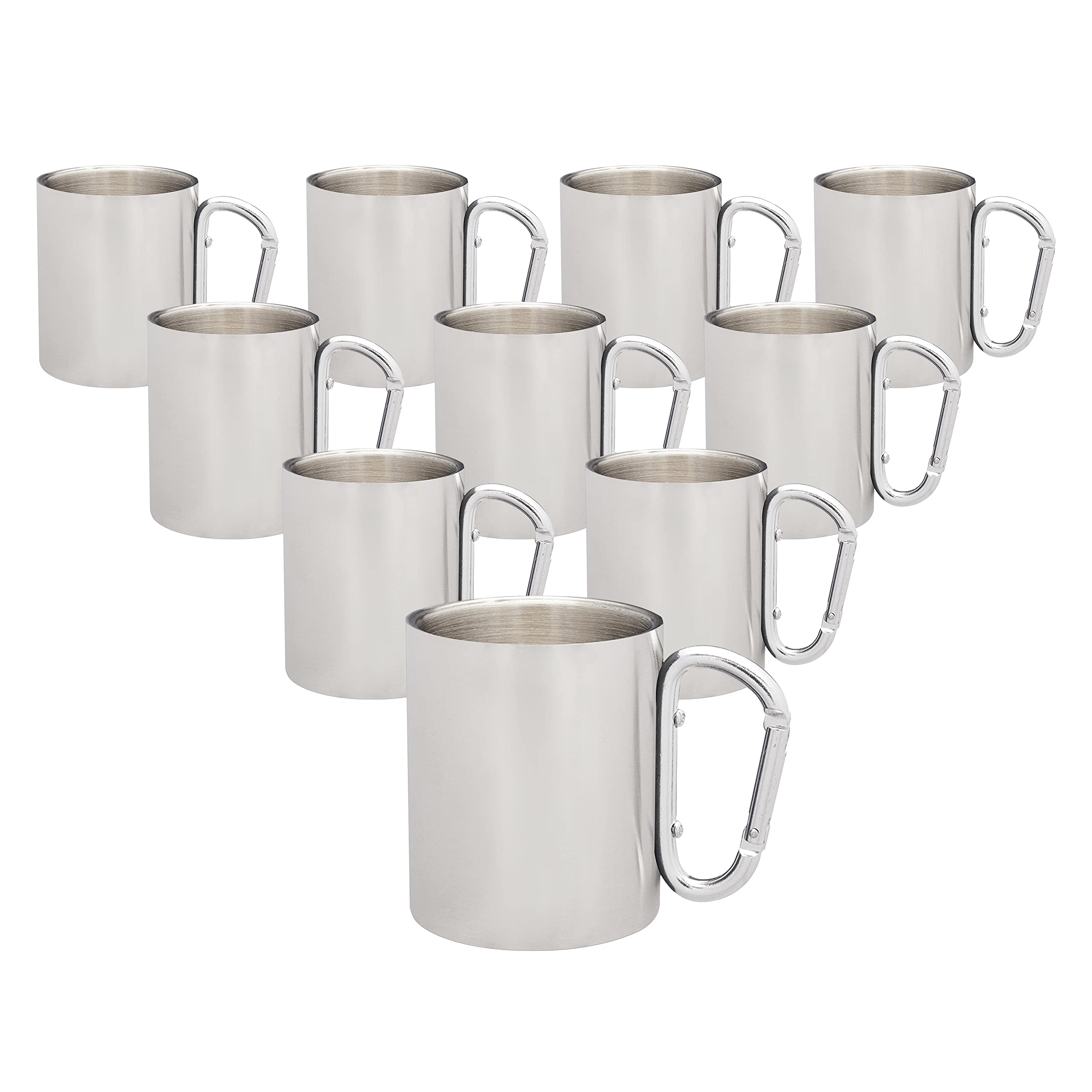 DISCOUNT PROMOS Stainless Steel Mugs with Carabiner Handle 10 oz. Set of 10, Bulk Pack - Perfect for Coffee, Soda, Other Hot & Cold Beverages - Silver