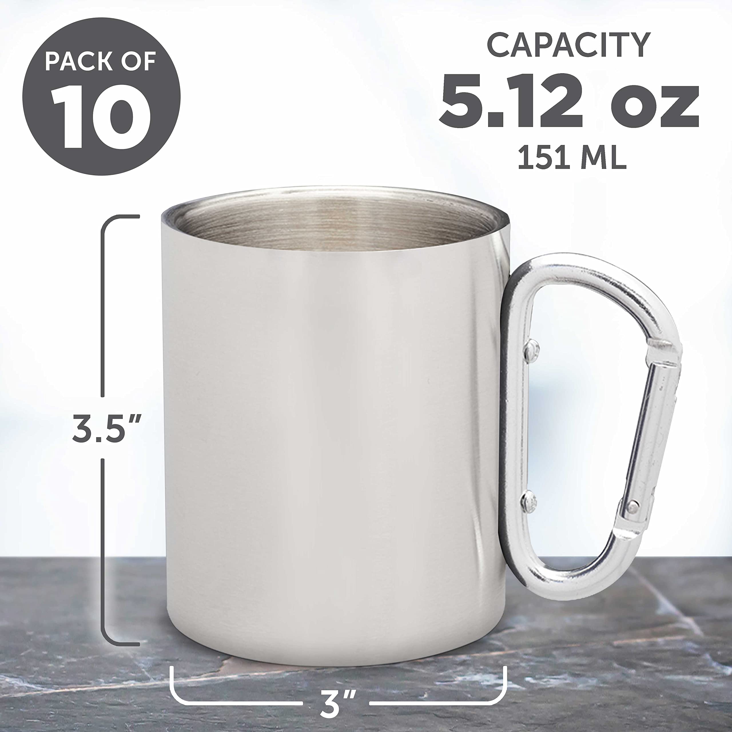 DISCOUNT PROMOS Stainless Steel Mugs with Carabiner Handle 10 oz. Set of 10, Bulk Pack - Perfect for Coffee, Soda, Other Hot & Cold Beverages - Silver