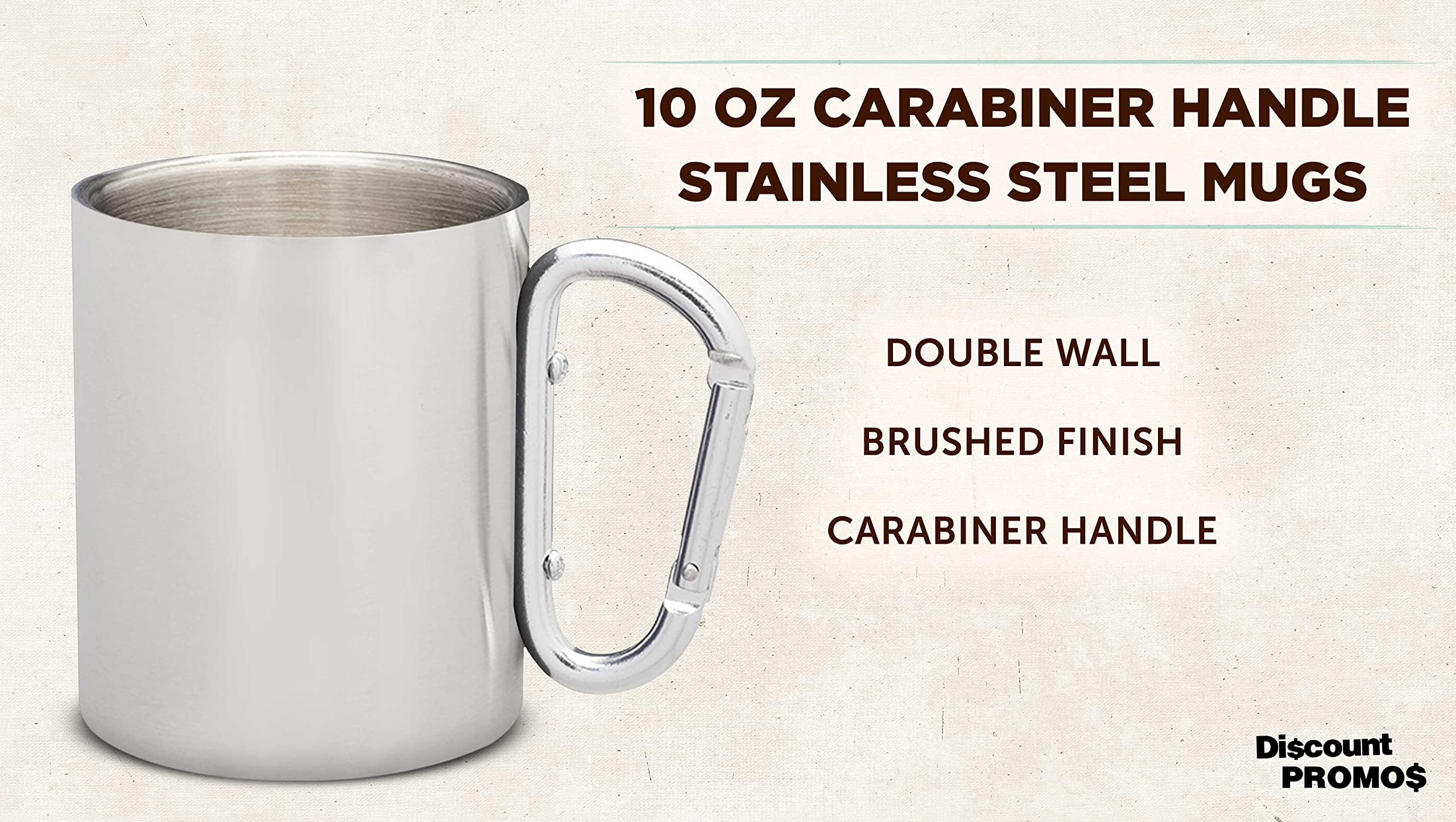 DISCOUNT PROMOS Stainless Steel Mugs with Carabiner Handle 10 oz. Set of 10, Bulk Pack - Perfect for Coffee, Soda, Other Hot & Cold Beverages - Silver