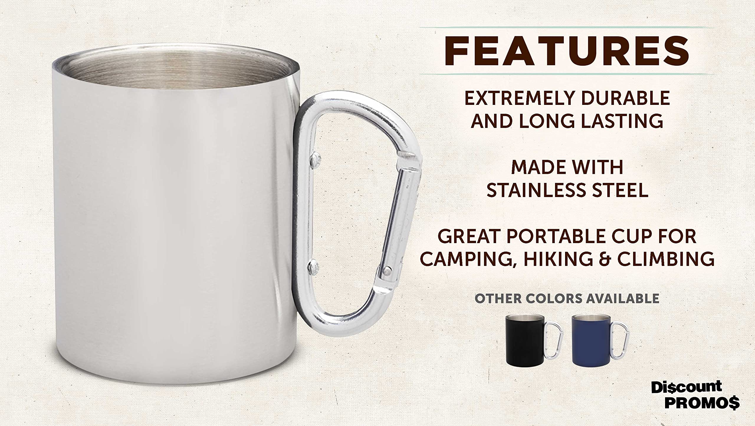 DISCOUNT PROMOS Stainless Steel Mugs with Carabiner Handle 10 oz. Set of 10, Bulk Pack - Perfect for Coffee, Soda, Other Hot & Cold Beverages - Silver