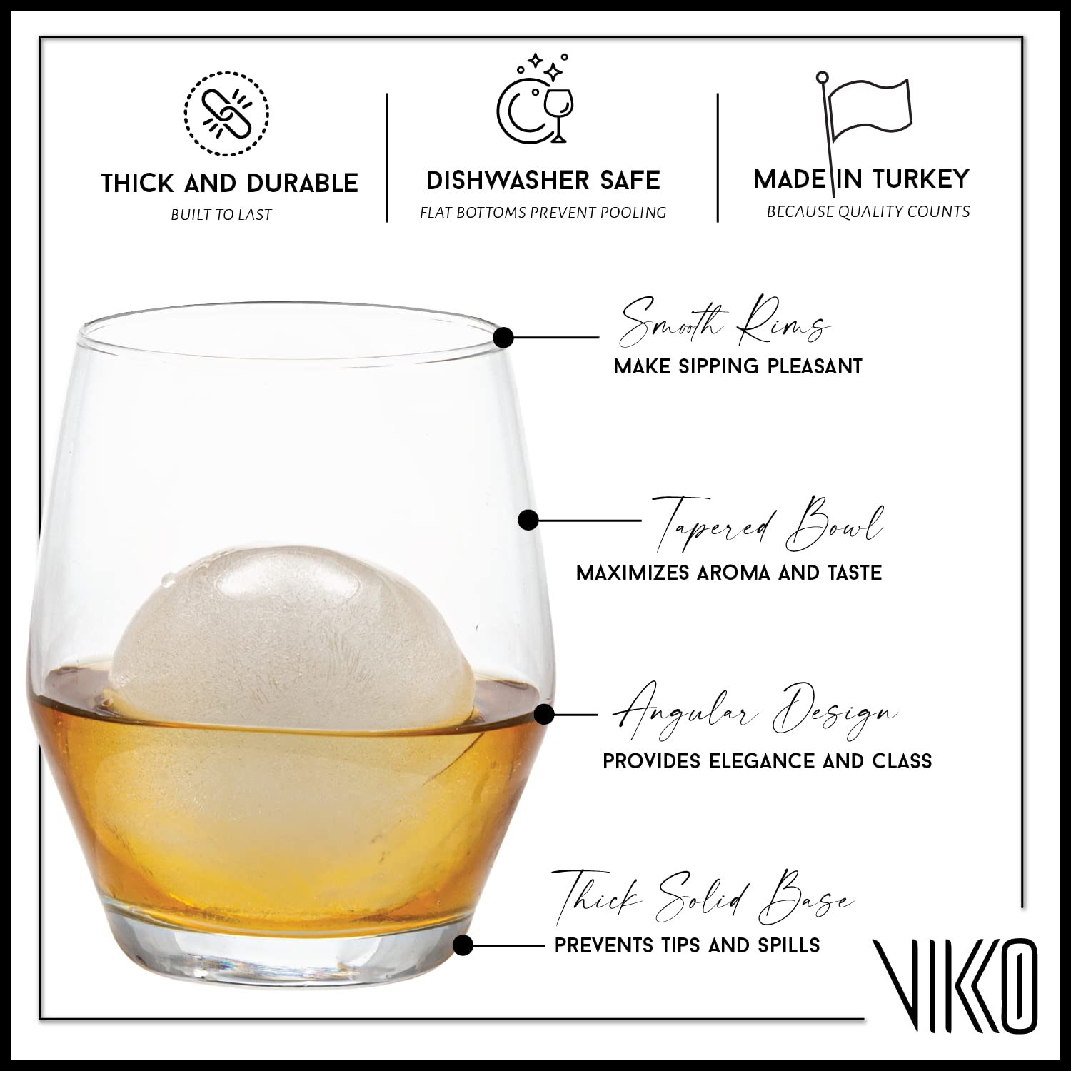 Vikko Whiskey Glasses Set of 6, Old Fashioned Whiskey Glasses 12.5 Ounce, Premium Scotch Glasses, Dishwasher Safe Bar Glasses