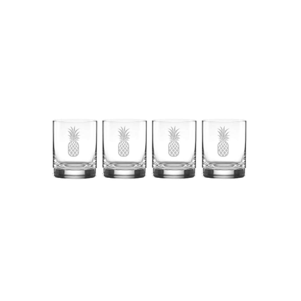 Lenox Tuscany Classics Cylinder DOF Whiskey Glasses with Pineapple Engraving/Set of 4 Engraved Crystal Rocks Glasses for Bourbon, Scotch, Rye, Clear