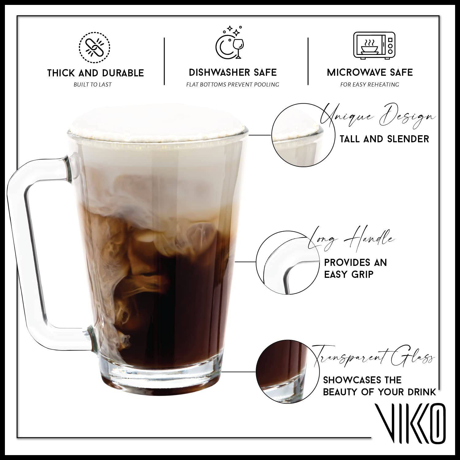 Vikko Glass Coffee Mugs, Thick and Durable 9 Ounce Coffe Cup, Microwave and Dishwasher Safe, Set of 6 Clear Glass Mugs