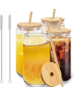 randy 4-pack beer can glass cup, 16 oz iced coffee drinking cups with bamboo lid and glass straws, glass tumbler for cocktail, whiskey, soda, tea, water