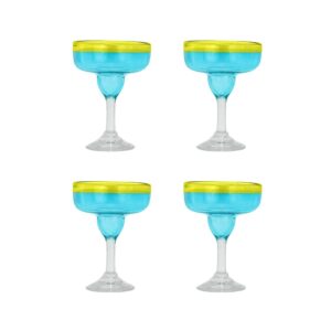 Amici Home Acapulco Collection, Authentic Mexican Handmade Margarita Glasses, Bar Glassware for Cocktails & Other Beverages, Blue Glass, Yellow Rimmed, made in Mexico 15-Ounces, Set of 4