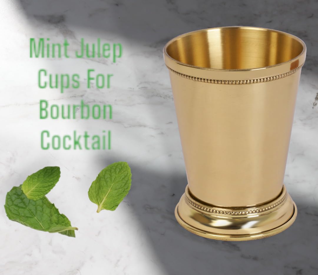 Wonderlist Handicrafts Designer Brass Mint Julep Cup Goblet Tumbler Capacity 12 Ounce Each Gold Julep Cup (Plain)