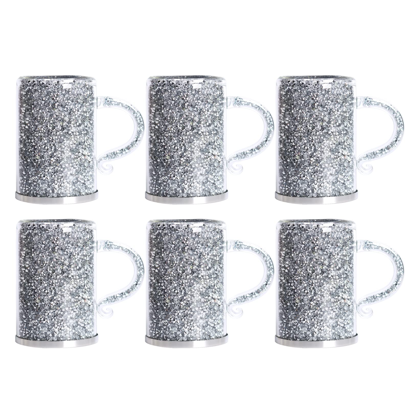 Kawlity Diamond Crystal Coffee Mug Set of 6 with Handle, Glass Mugs, Cappuccino Cup Juice Cup, 6 Oz Crushed Mug Cups, Double Layer Heat Insulation Vacuum Glass Mug Cups for Coffee/Milk/Tea/Juice/Beer